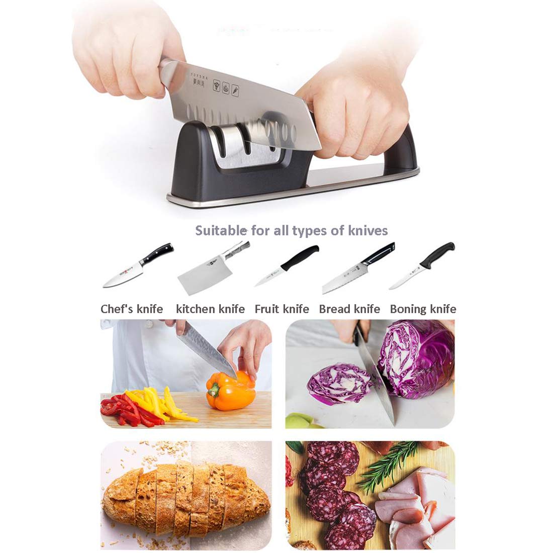 SHARP KNIFE SHARPENER - Professional 3-Stage Manual Sharpener for Sharpening Kitchen Knives - Ceramic Stone, Tungsten Carbide Plate, Diamond Rod, Ergonomic Deserts