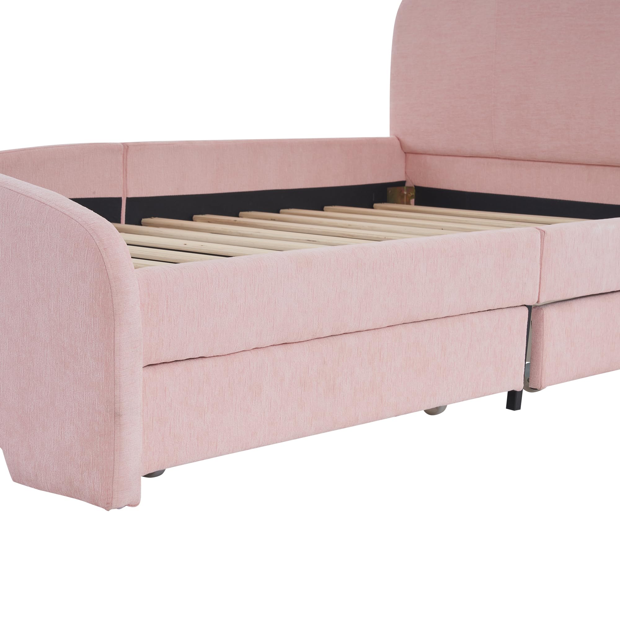 PRNDOLE Twin Size Upholstered Platform Bed Frame with 2 Drawers and Cartoon Ears Shaped Headboard for Kids,Pink
