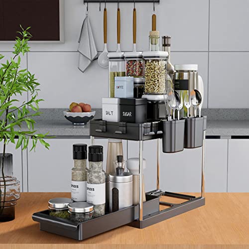 XIBALAGA Under Sink Organizer,2 Tier Under Sink Organizers And Storage For Kitchen Bathroom,Under Sink Cabinet Organizer,Multi-purpose Stable And Sturdy Countertop Organizer (black one sliding)