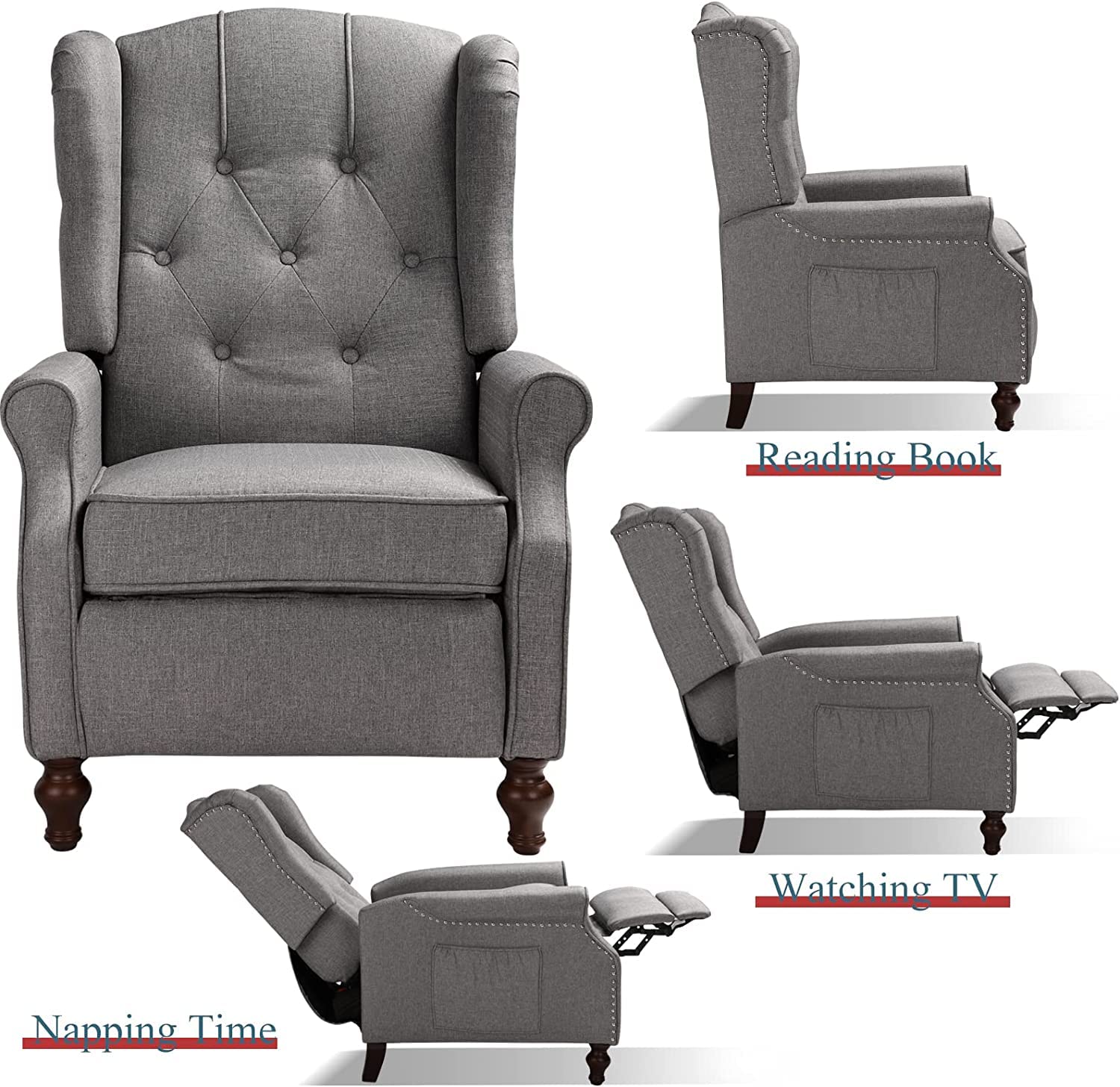 OQQOEE Wingback Recliner Chair Fabric Push Back Accent Chairs Diamond Tufted Reclining Armchair with Adjustable Backrest and Thicken Padded Cushions for Living Room, Bedroom (Fabric, Dark Grey)