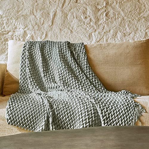 ZonLi Thin Throw Blanket 70"x50" for Couch Light Sage Green and Grey Boho Shawl Blanket Soft Decorative Lightweight Bed Throws with Tassels for Living Room Chair Sofa Travel Bed Throws