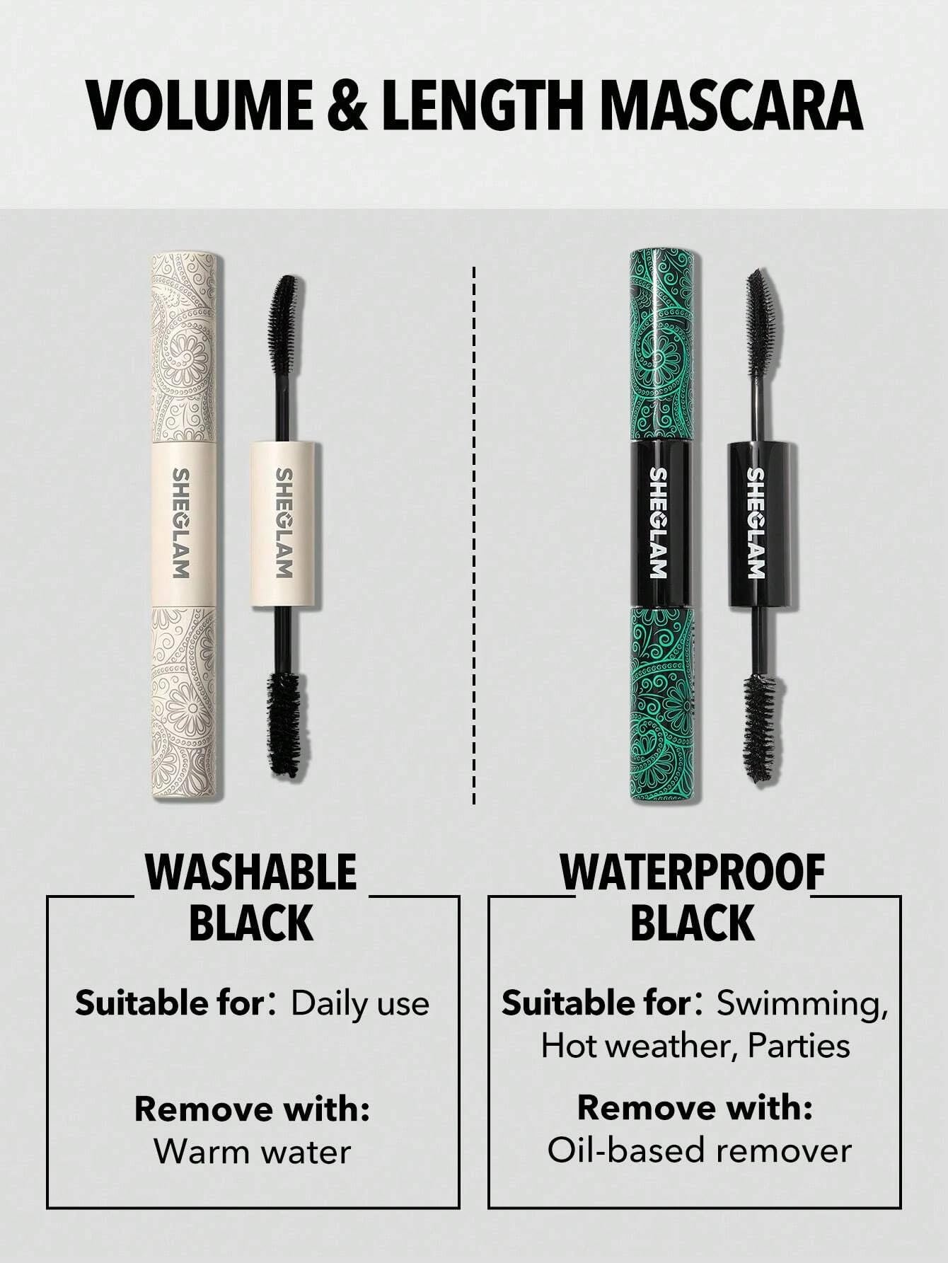SHEGLAM 2 In 1 Black Volume and Length Washable Mascara Long Lasting Dual-Ended Tubing Eye Makeup