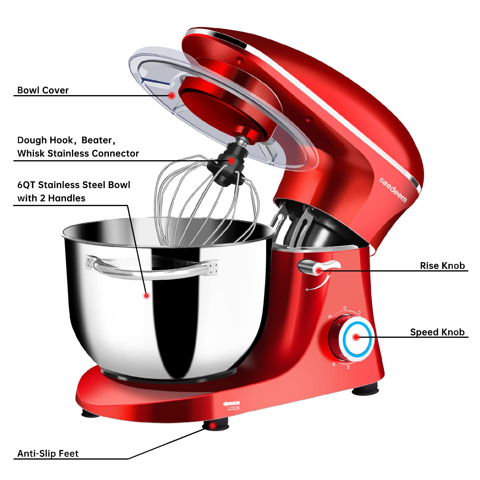 Seedeem Stand Mixer, 6Qt Electric Food Mixer, 660W 6-Speeds Tilt-Head Dough Mixers with Dishwasher-Safe Dough Hook, Wire Whip & Beater for Daily Use, Red