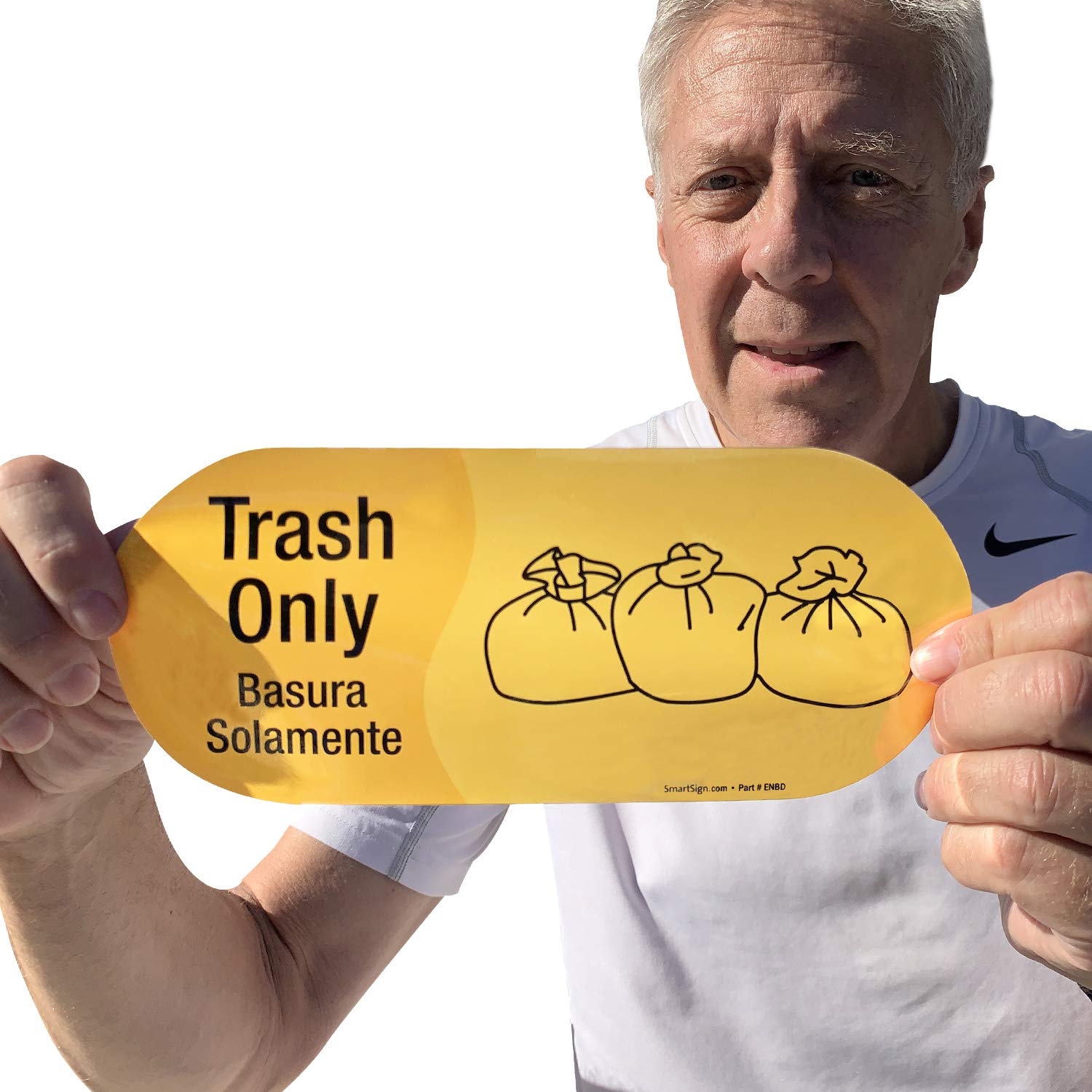 SmartSign (Pack of 4) 3.75 x 9 inch “Trash Only - Basura Solamente” Bilingual Sticker Labels with Symbol, 5 mil Laminated Polyester with SuperStick Adhesive, Yellow and Black