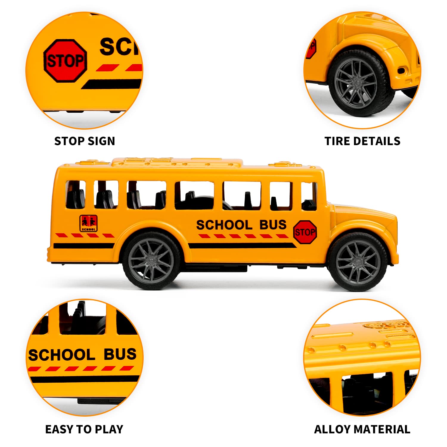 weilaga 5 PCS Die-cast Pull Back Vehicles,Mini Alloy Metal Models Car Toys,School Bus Toys,Police Car with Openable Doors for Kids Boys Girls