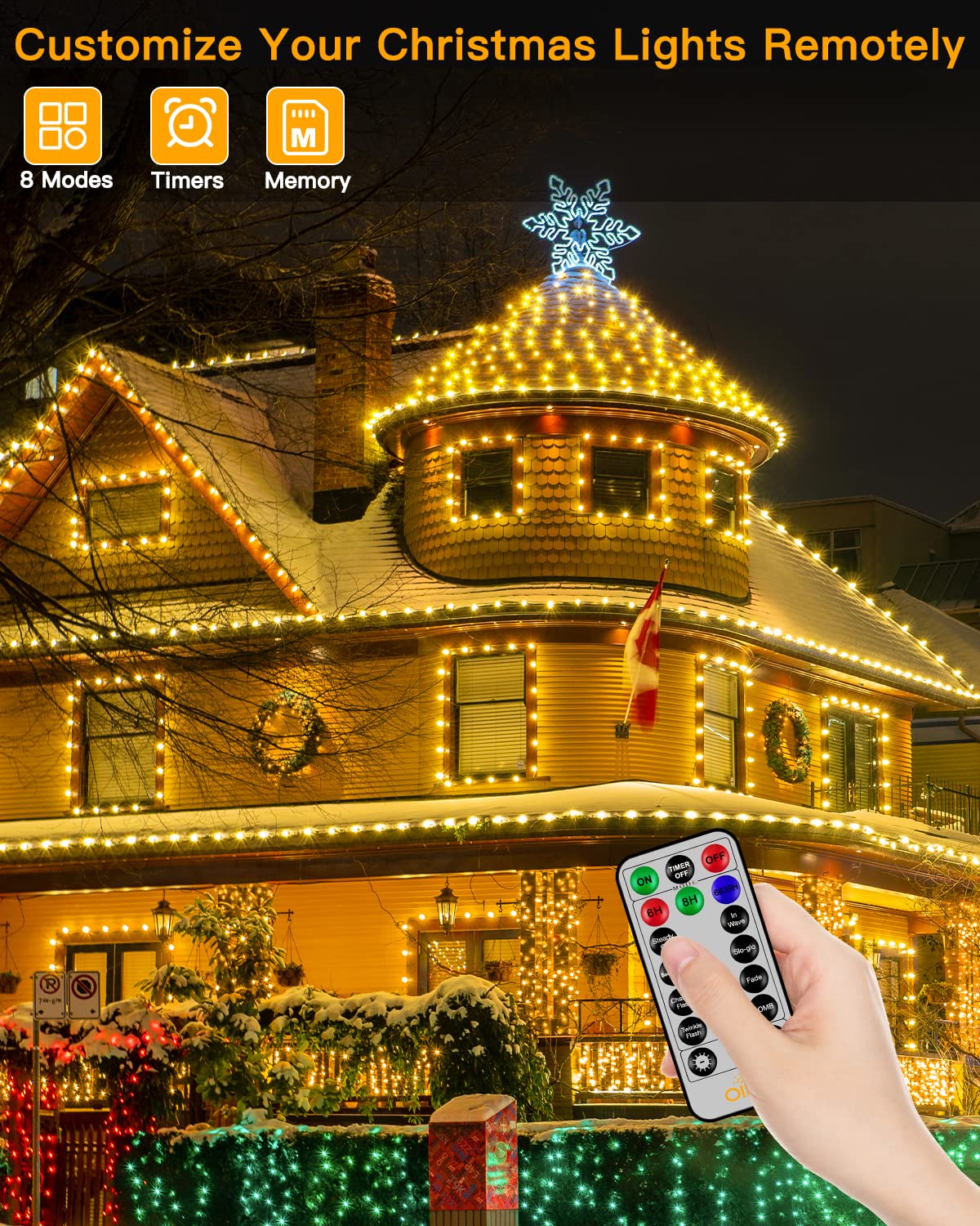 Ollny String Lights 600LED 197FT, Warm White Fairy Lights IP67 Waterproof with Remote 8 Modes Timer Dimmable, Plug in Christmas Lights for Outdoor Indoor House Yard Holiday Decorations