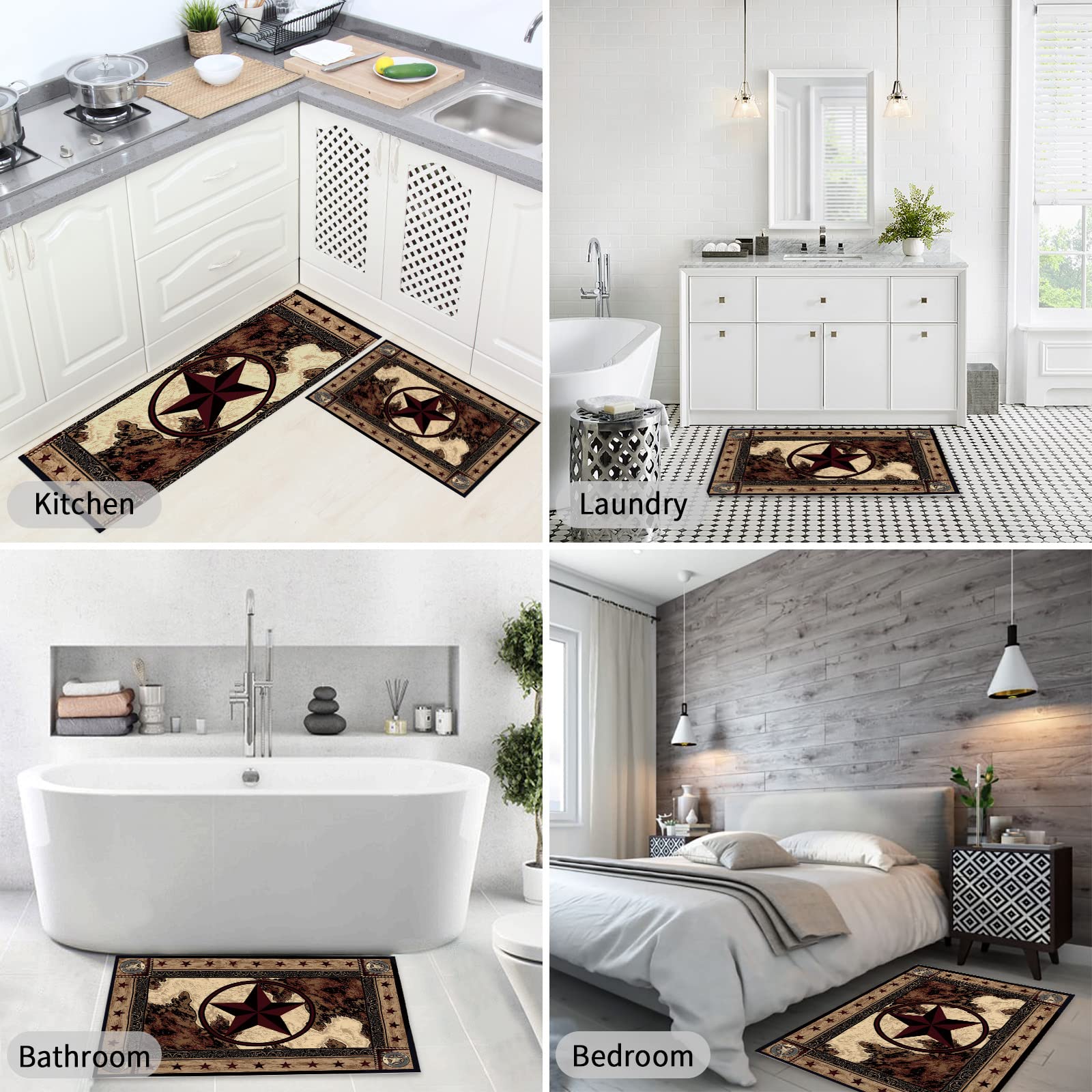 Western Kitchen Rugs and Mats Set of 2, Non-Skid Soft Absorbent Texas Star Kitchen Mats Set for Floor, Rustic Farmhouse Comfort Runner Rug Carpets for Sink, Laundry, Hallway, Dinning Room, Office