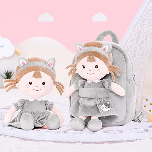 Onetoo Toddler Backpack Kids Backpacks with Soft Plush Baby Dolls Gray Cat 9.5"