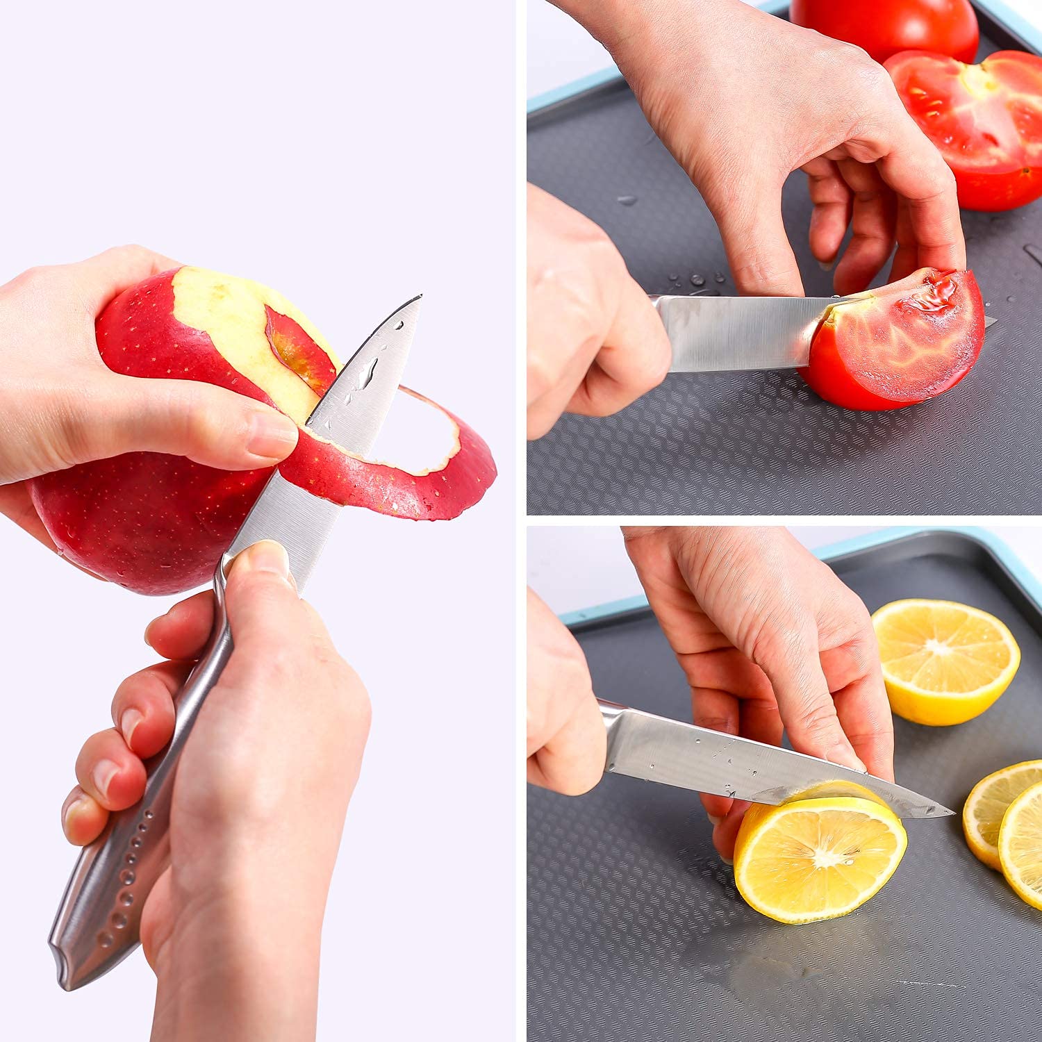 WELLSTAR Sharp Kitchen Knives 5 Piece Set, Chef Carving Bread Utility Paring Knife + Come Apart Heavy Duty Chicken Meat Scissors Shears with German Stainless Steel Blade + Onion Slicing Holder