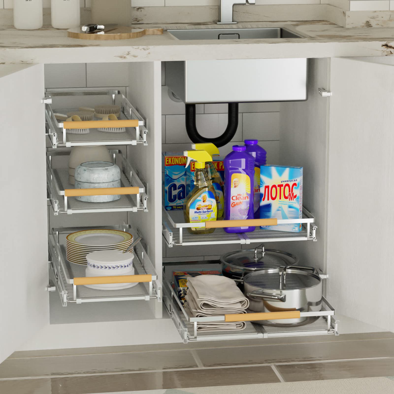 SANNO Expandable Slide Out Cabinet Organizer Pull Out Drawers for Kitchen Cabinets Organizer, Sliding Shelf Under Cabinet Organizers and Storage Shelf, Expandable Slide Out Organizer(1pack)