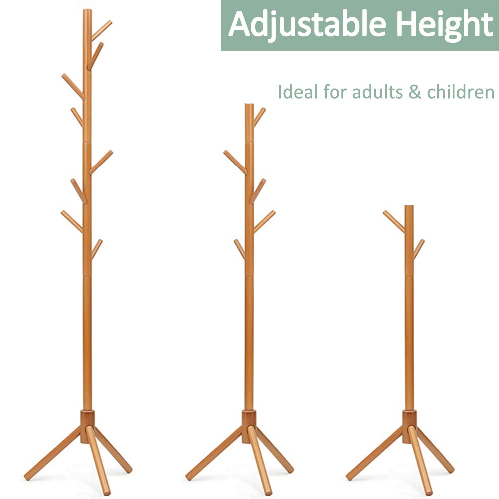 Ollorata High-Grade Wooden Tree Coat Rack Stand, 8 Hooks and 3 Adjustable Heights Entryway Coat Tree Coat Hanger Stand for Home Office, Easy Assembly Coat Rack Freestanding, Bold Natural