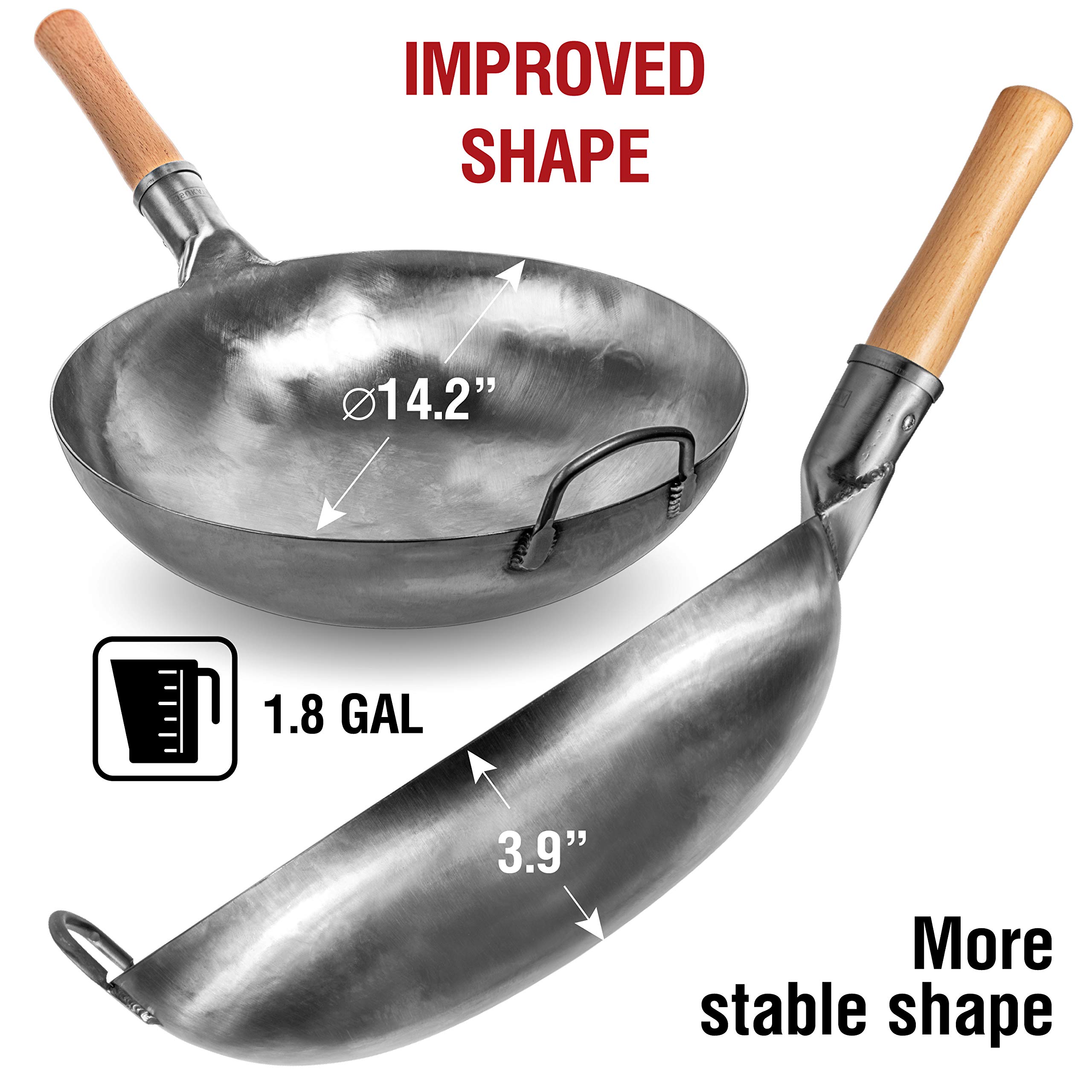 YOSUKATA Silver Round Bottom Wok Pan β 14" Woks and Stir Fry Pans + Wok Lid 13.6 Inch + 17ββ Wok Spatula and Ladle