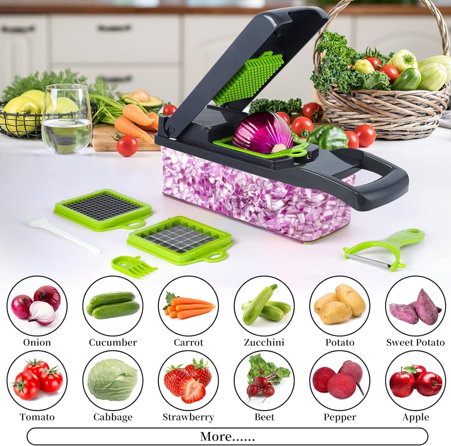 Vegetable Chopper Onion Chopper, Multifunctional 13 in 1 Food Chopper, Professional Mandoline Slicer for Kitchen Veggie Cutter Dicer With 8 Blades, Potato Tomato Carrot Garlic Chopper with Container