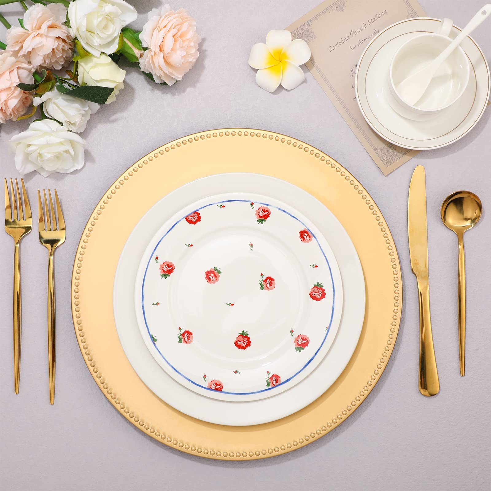 Zopeal 18 Pack Round Charger Plates Bulk 13 Inch Plastic Plate Chargers with Beaded Rim Disposable Dinner Charger Plates for Wedding Halloween Christmas Party Event Table Setting Decoration (Gold)