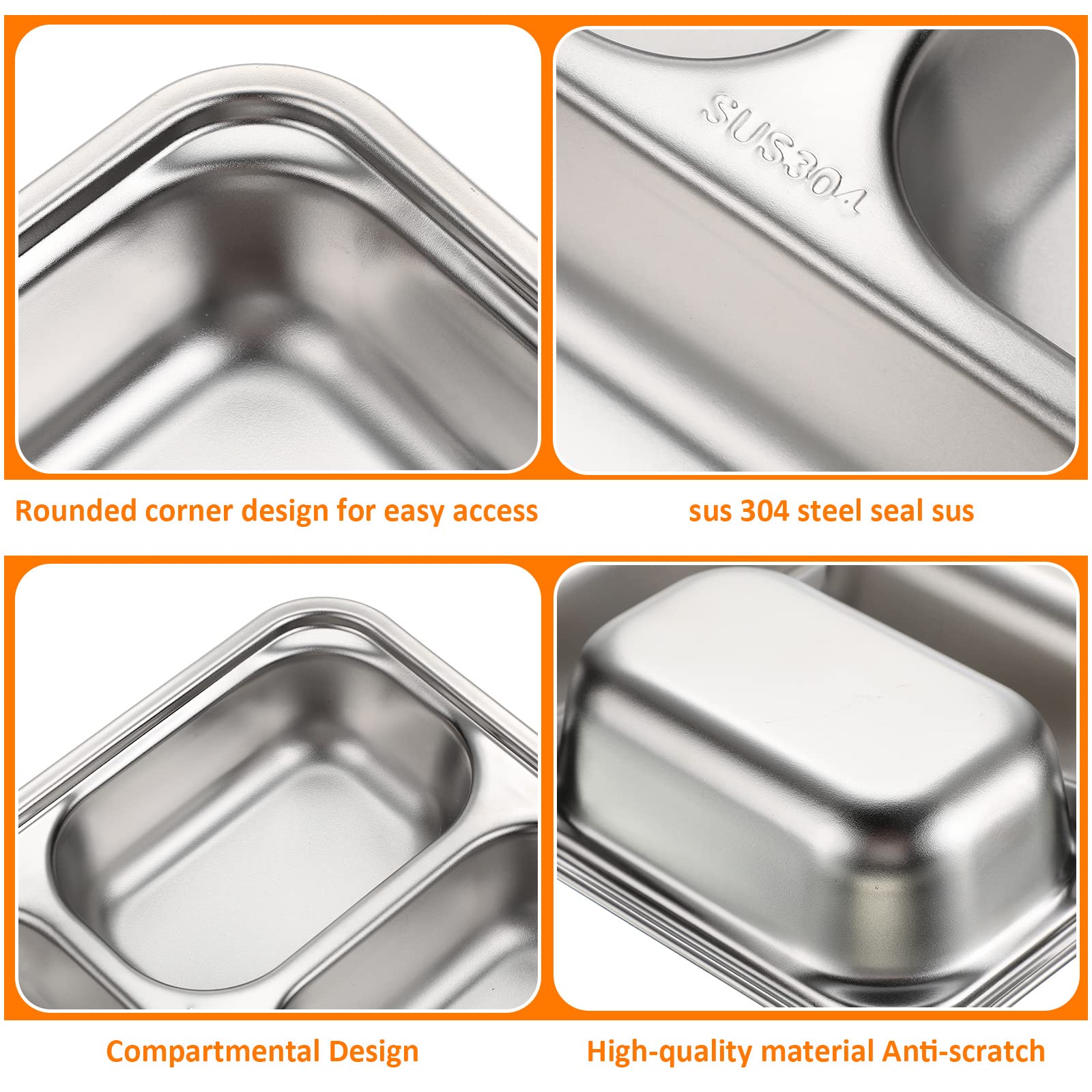 Zopeal 8 Pack 304 Stainless Steel Divided Plates Tray Rectangular Metal Dinner Section Plates for Adults Kids Food Portion Control Camping Lunch(3 Compartment Style)