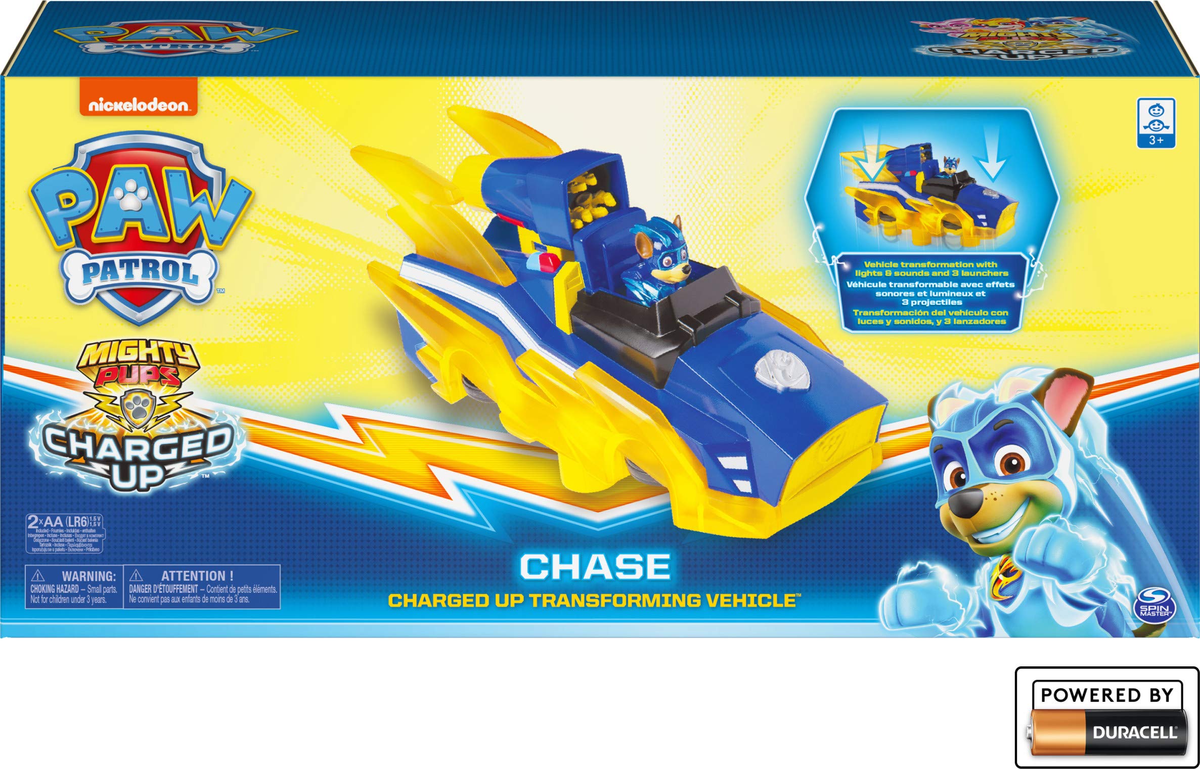 Paw Patrol, Mighty Pups Charged Up Chase Transforming Deluxe Vehicle Preschool Toy with Lights and Sounds