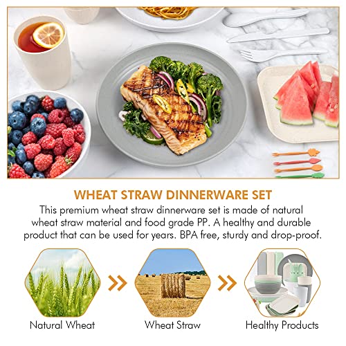 Wheat Straw Dinnerware Sets for 4, 48PCS Unbreakable Microwave Dishwasher Safe Dinnerware Set for Kids Adults, Reusable Lightweight Plates Cups and Bowls Set for Camping Kitchen Picnic Dorm Rv Dishes