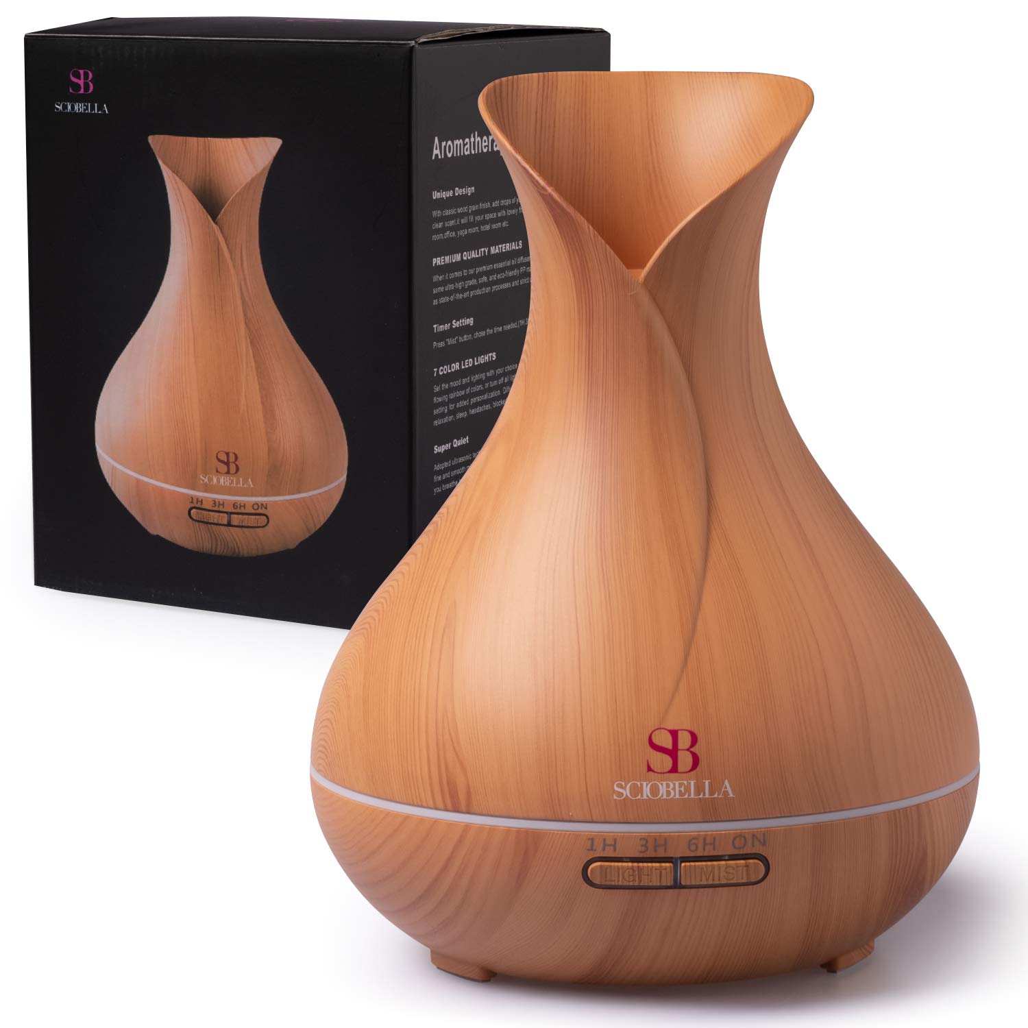 Sciobella Essential Oil Diffusers for Large Room Wood Grain Ultrasonic Aromatherapy Electric Pure Air Diffuser Home Office Desk Baby Room Spa 500ml Big Water Tank 2-Mist 1H/3H/6H/On Auto Shutoff