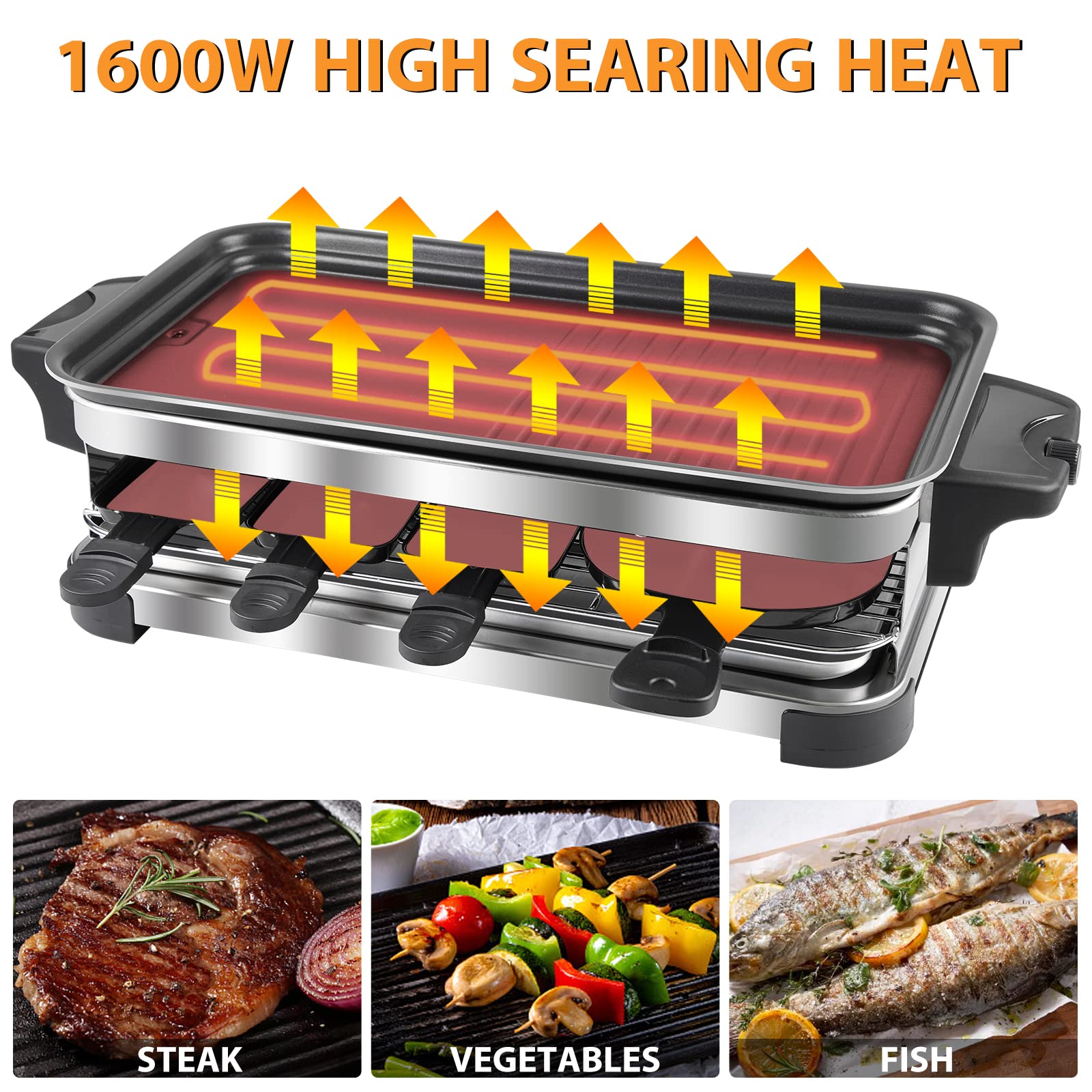 ZXMOTO Electric Smokeless Grill, 3 in 1 Korean BBQ Grill Raclette Table Grill,1600W Non-Stick Temperature Control Grill Removable Table Griddle for 7-8 Person