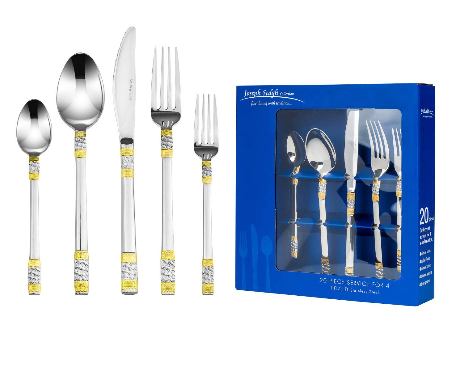 Venezia Collection "Milano" 20-Pc. Gold Flatware Set Service for 4, 18/10 Stainless Steel Silverware Cutlery, 24K Gold Trim