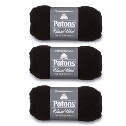 Patons Classic Wool DK Superwash Yarn - Gauge 3 Light - 100% Wool - (3-Pack) - Black - for Crochet, Knitting, and Crafting