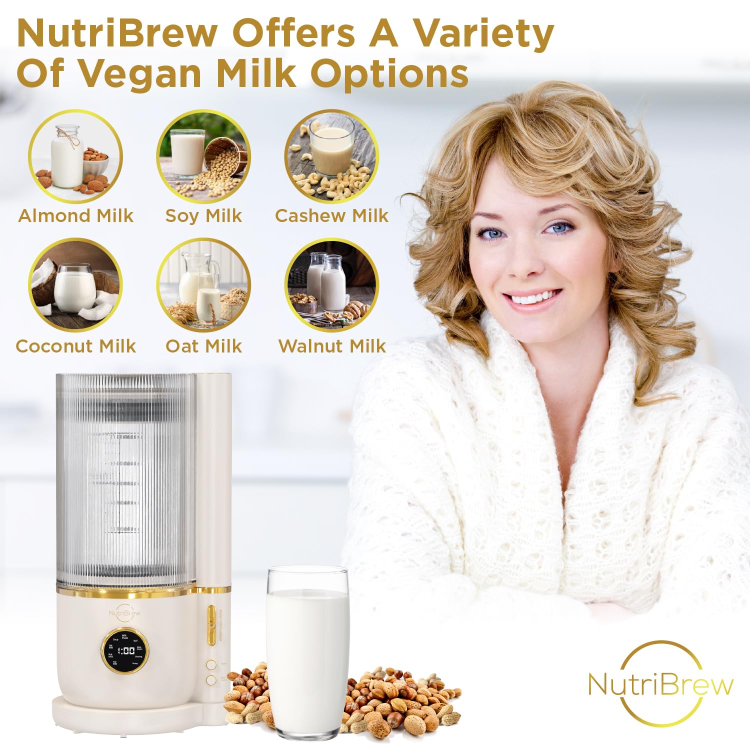 NutriBrew 50oz Automatic Nut Milk Maker Machine (1500 ml) Homemade Almond, Oat Soy Milk & More Plant Based Milk and Dairy Free Beverages Intelligent Functions With Delay Start and Easy Brew.