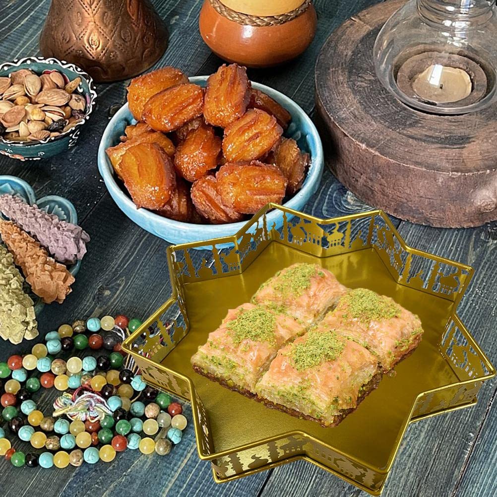 WYHFA Eid Mubarak Plate Iron Serving Tray, Ramadan Food Serving Tray Plate Dessert Pastry Candy DIY Display Tray for Eid Mubarak Party Decoration