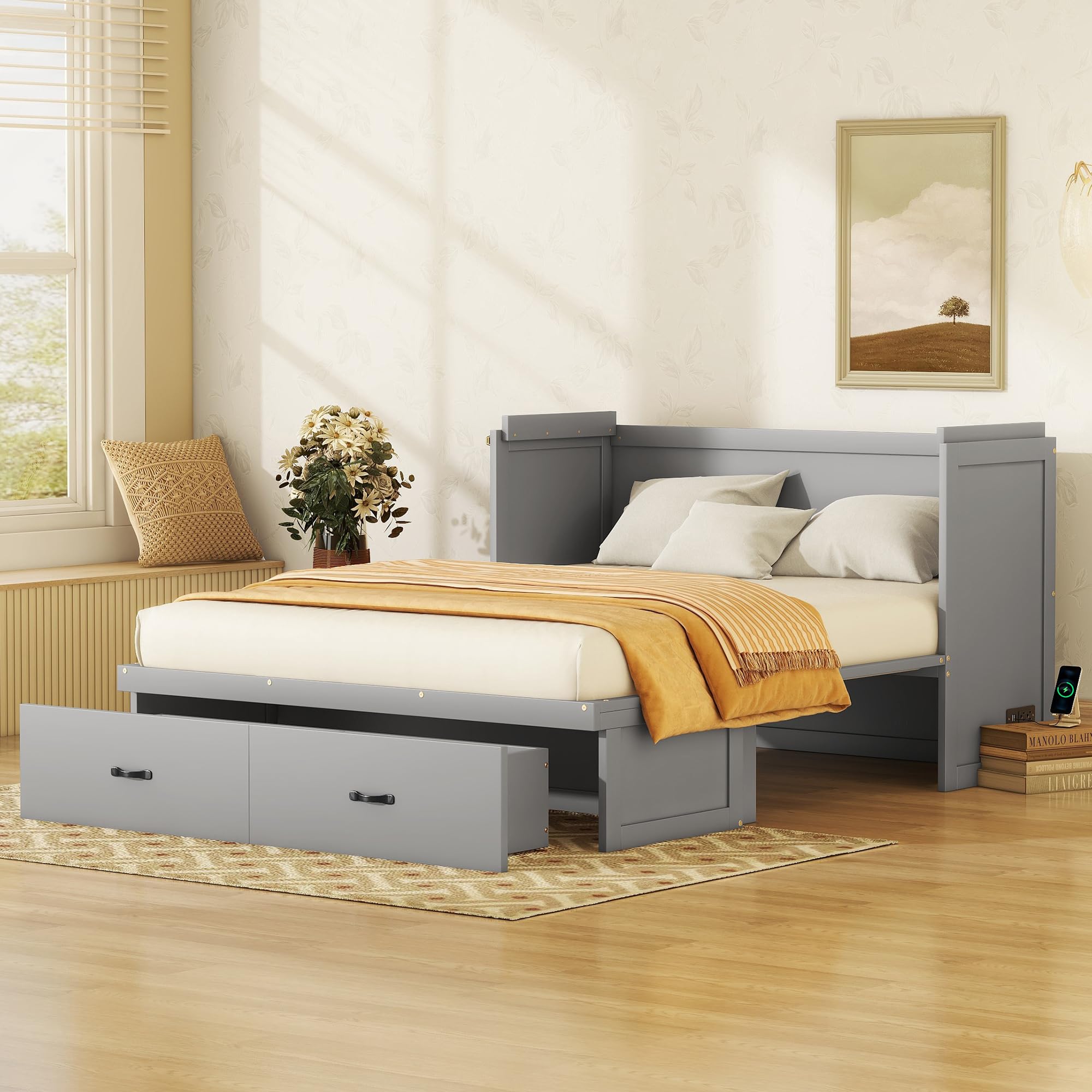 Queen Size Murphy Bed and Storage Drawers and USB Port, Space-Saving Wall Bed with Storage,Murphy Bed for Living Room