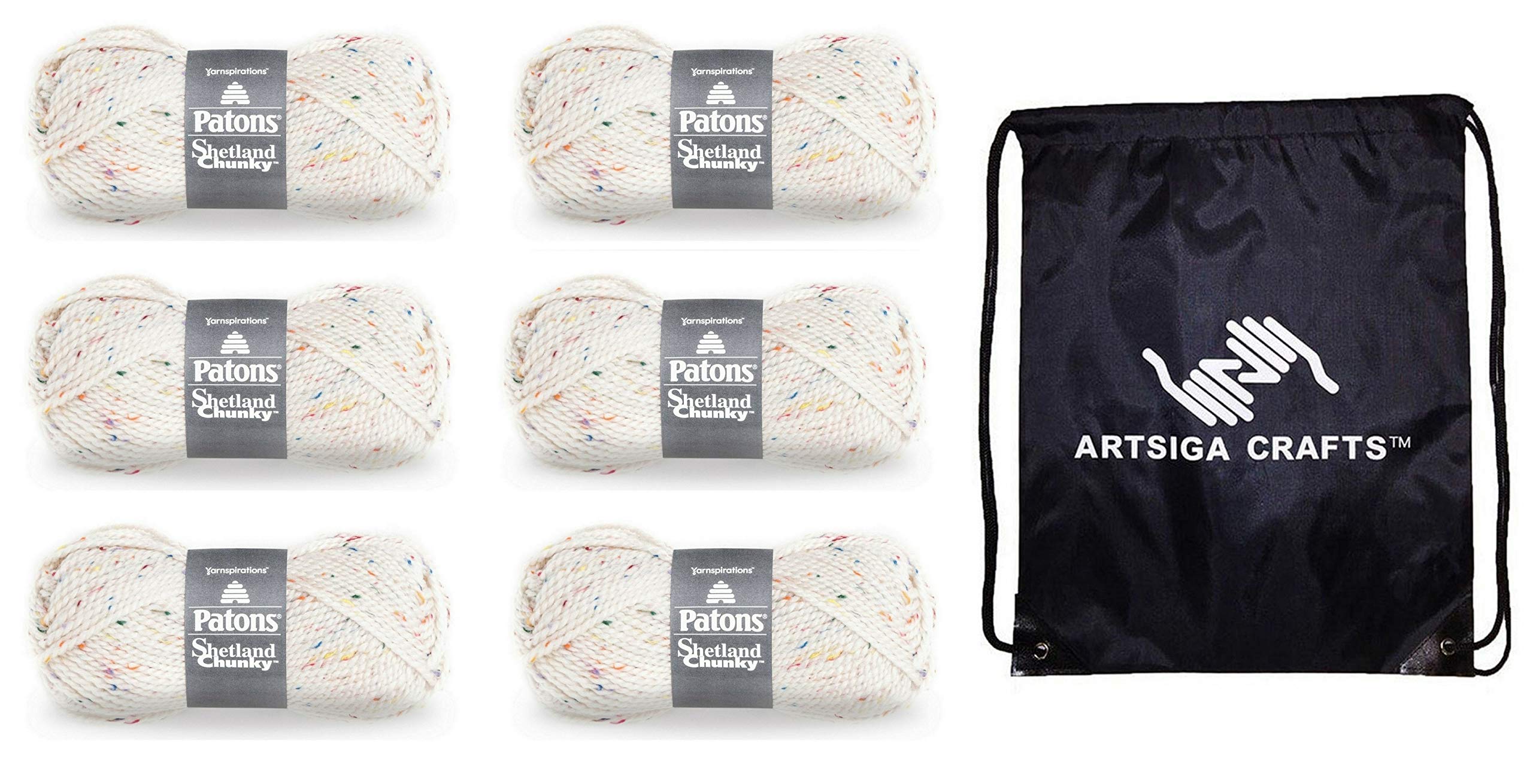 Patons Knitting Yarn Shetland Chunky Tweeds Aran 6-Skein Factory Pack (Same Dye Lot) 241067-67008 Bundle with 1 Artsiga Crafts Project Bag
