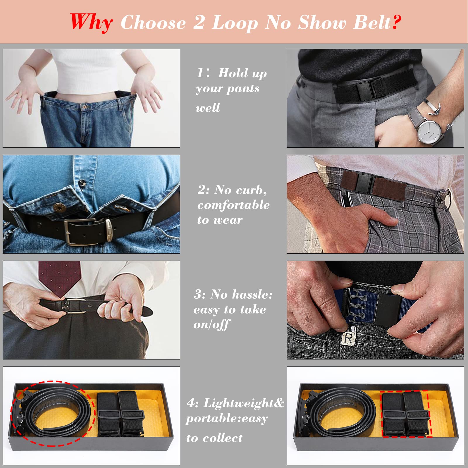 WERFORU 2 Pack Men 2 Loop No Show Elastic Invisible Belt for Women Jeans Pants Unisex Stretch Belt with Metal Free Flat Buckle,Fits 1.5 Inch Belt Loops, Black+Black,Fits 2 loop distance 3"-6"