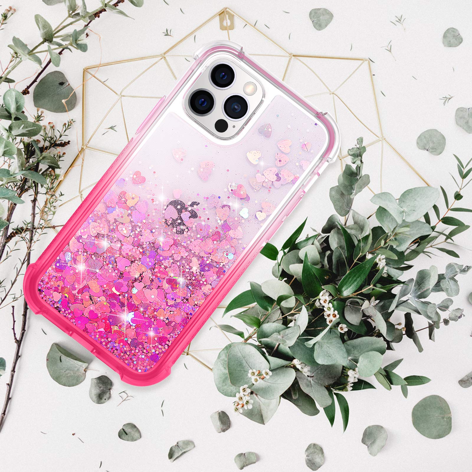 Ruky iPhone 12 Pro Case, iPhone 12 Glitter Case Full Body Rugged Liquid Cover with Built-in Screen Protector Shockproof Girls Women Phone Case for iPhone 12/iPhone 12 Pro 6.1”, Gradient Pink