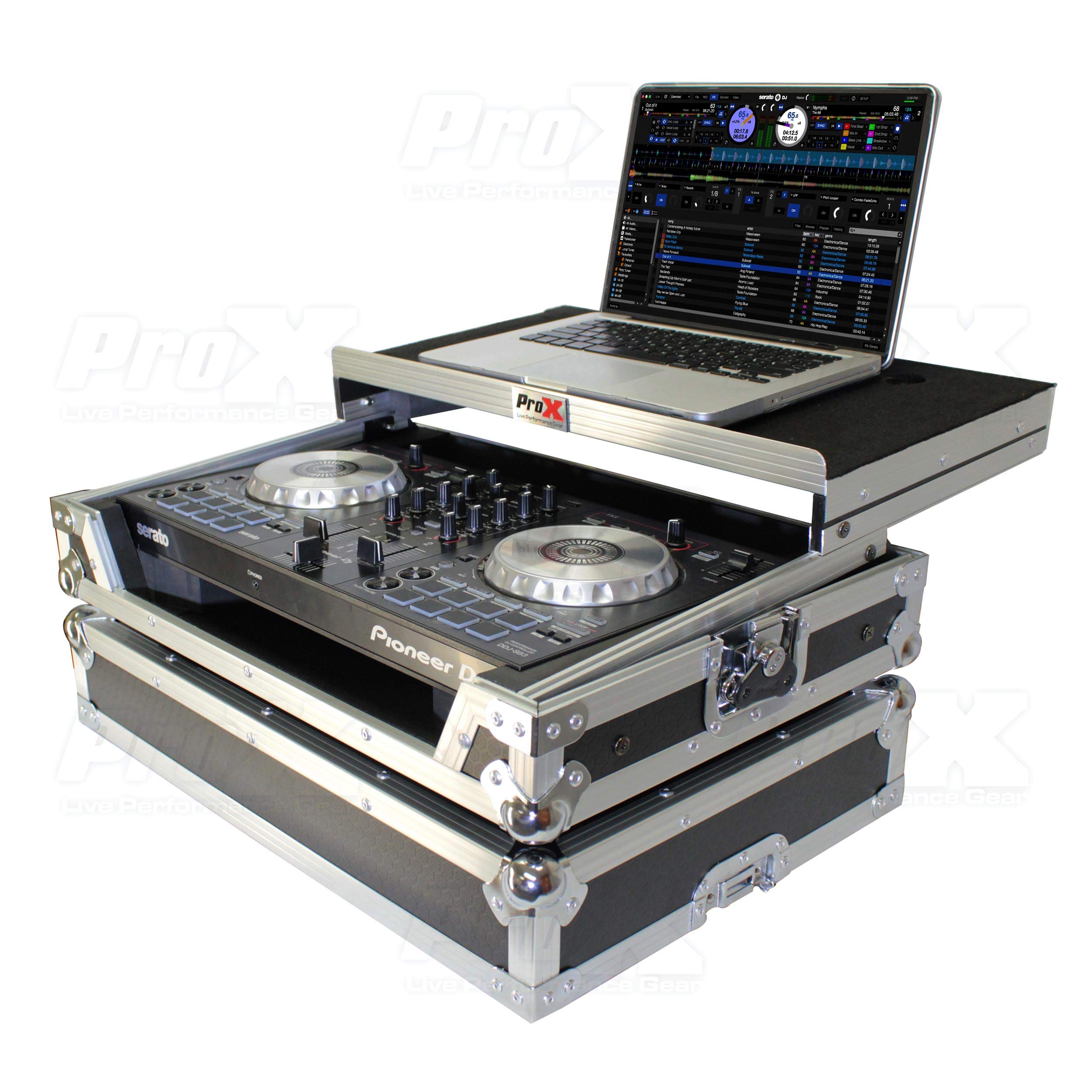 ProX Flight Case for Pioneer DDJ-SB3 & DDJ-400 Digital Controller With Sliding Laptop Shelf - Silver on Black Design - X-DDJSB3 LT