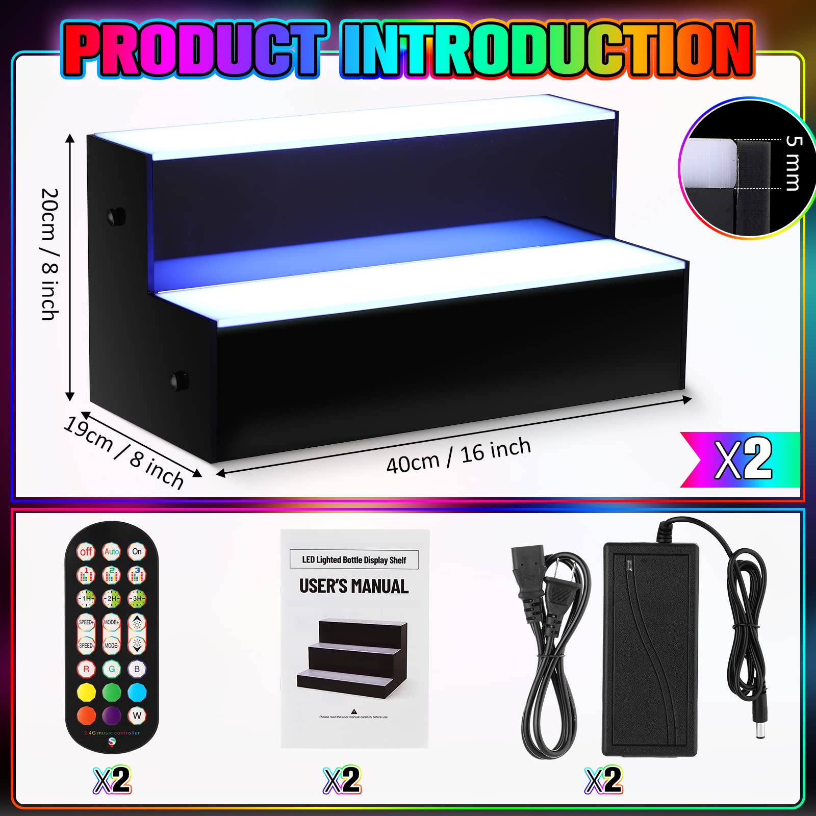Qunclay 2 Pcs LED Lighted Liquor Bottle Display Bar Shelf 16 Inch 2 Step Illuminated Bar Bottle Alcohol Shelves for Home Bar Commercial Counterparty Acrylic Whiskey Rack Stand with Remote App Control