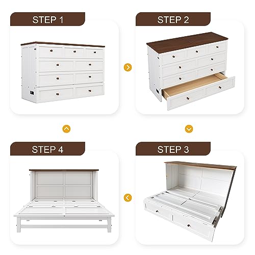 Queen Size Solid Pine Murphy Bed Chest with Charging Station and Large Storage Drawe,Folding Feature Perfect for Home Office or Small Room.
