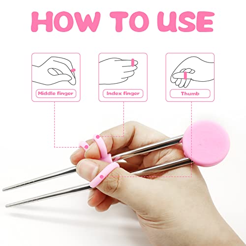 Teach Your Kids How to Use chopsticks with our 2 Pairs of Training Chopsticks for Beginner - Reusable Stainless Steel Kids' Chopsticks Perfect for Learning!（BLUE,PINK）
