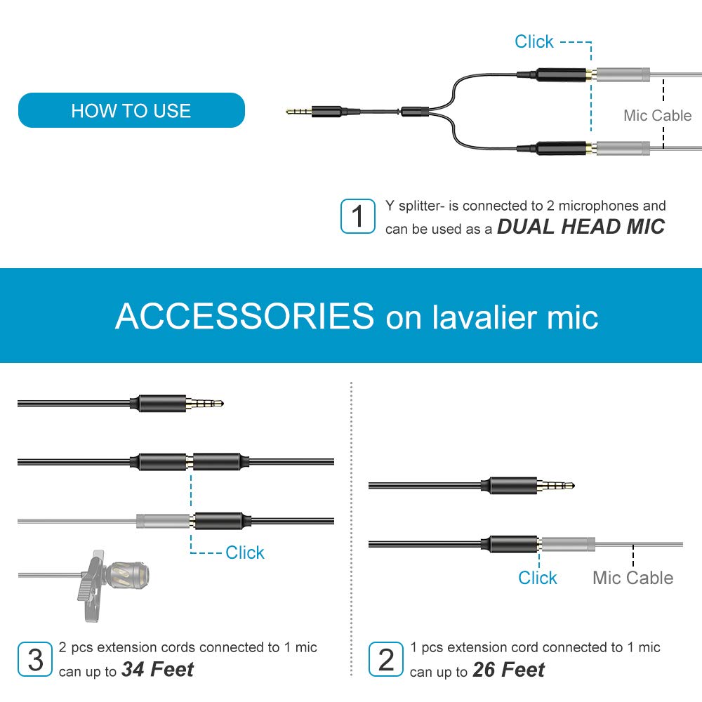PoP voice 18 Feet Dual Lavalier Microphone, 2 Pack Lapel Microphones for iPhone,Android, PC,Computer,Laptop,Camera,Professional Condenser mic for YouTube,Interview,Video,Include Various Accessories