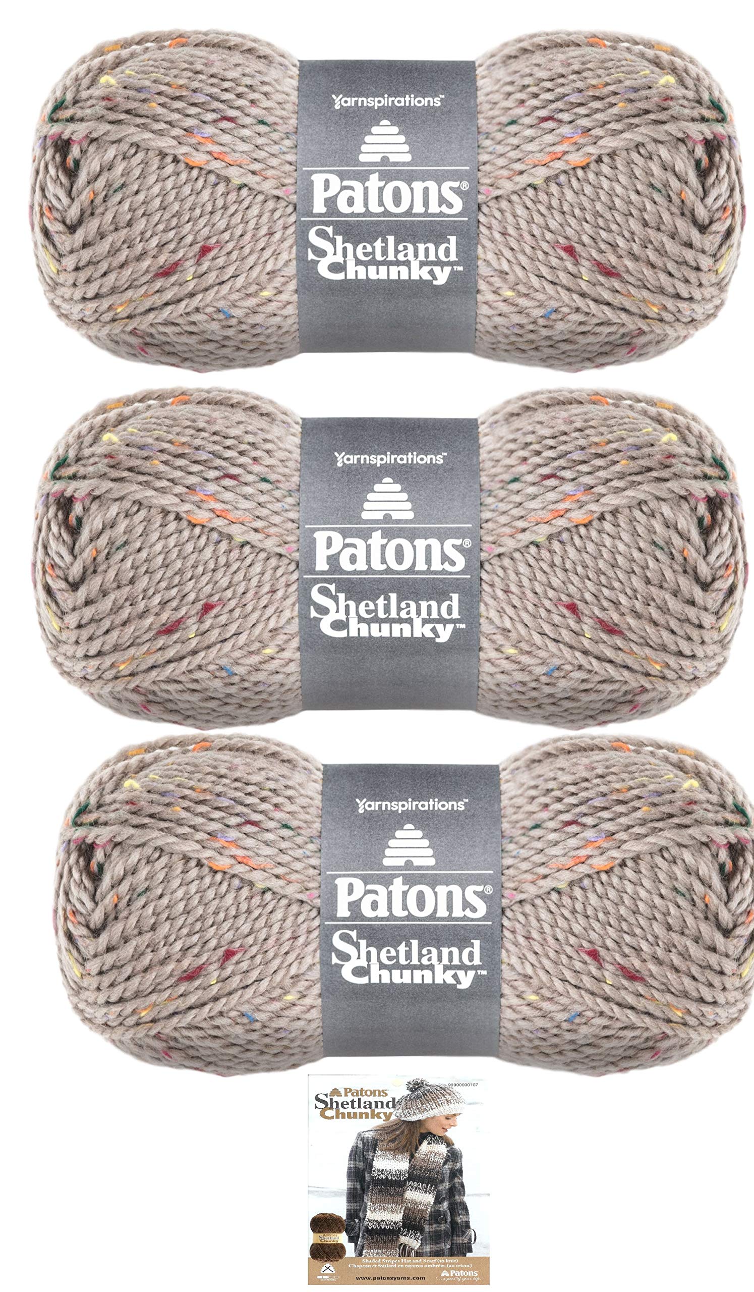 Patons Shetland Chunky Tweed Yarn Wool Blend Pattern for Hat and Scarf Included (3 Pack) (Toasty Tweed)