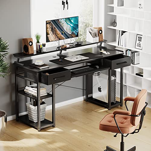 ODK Computer Desk, 55'' Office Desk with Keyboard Tray, Writting Desk with Drawers and Monitor Stand, Study Table with CPU Stand and Removable Shelf for Storage, Black