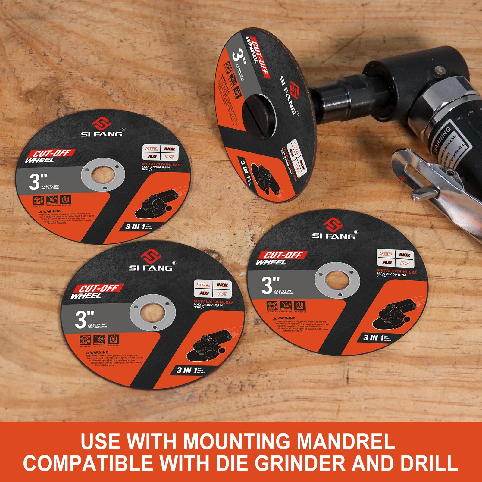 SI FANG 25Pcs 3 inch Cut Off Wheels with 1/4 in Mounting Mandrel Kit for Die Grinder, 3/8" Arbor Cutting Wheel with Pouch for Metal & Stainless Steel Rotary Tool Drill Attachment Cutter Discs