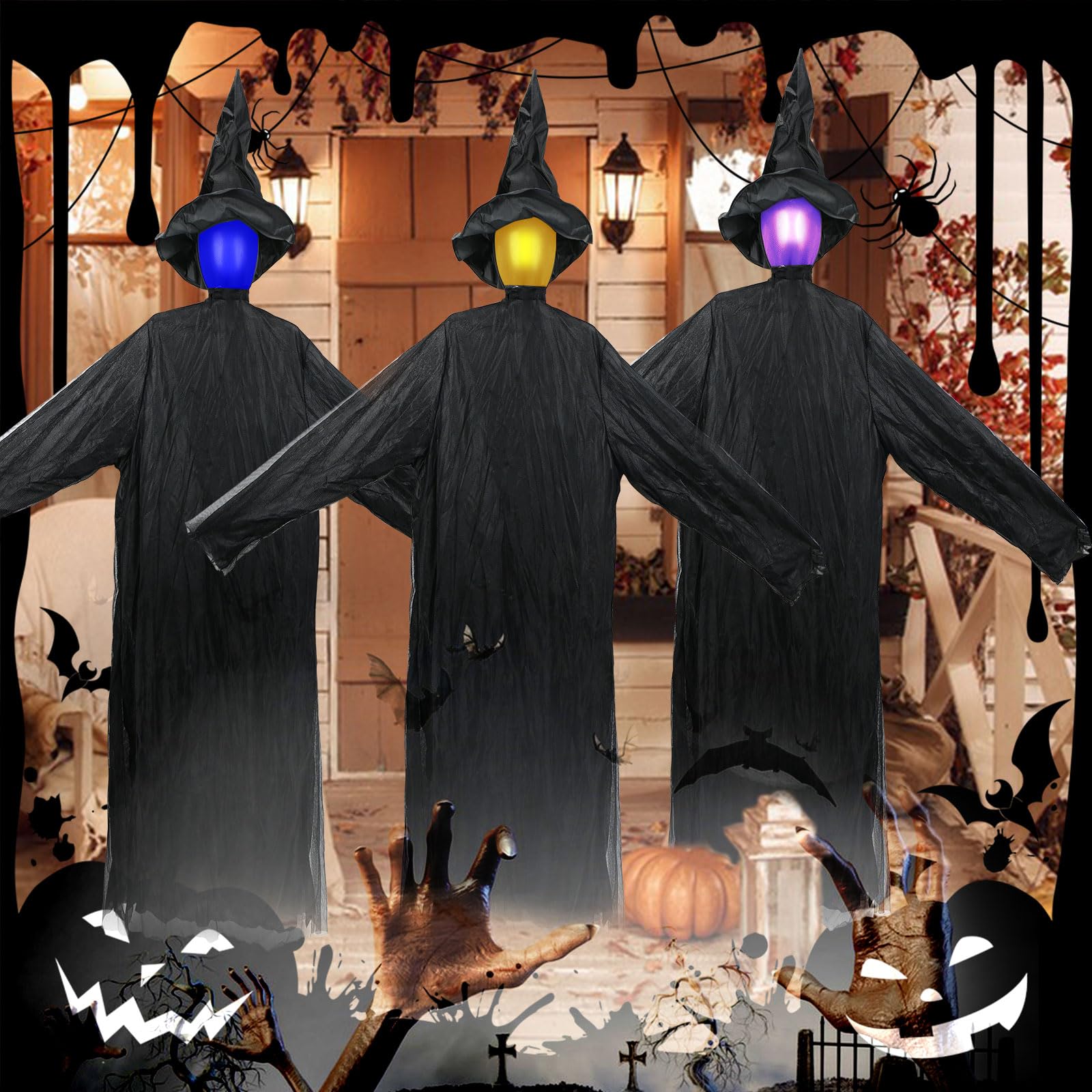 Set of 3 Halloween Witch Decoration, Light Up 6 FT Holding Hands Screaming Witches Sound-Activated Sensor, Scary Witch with Stakes for Garden Yard Haunted House Porch