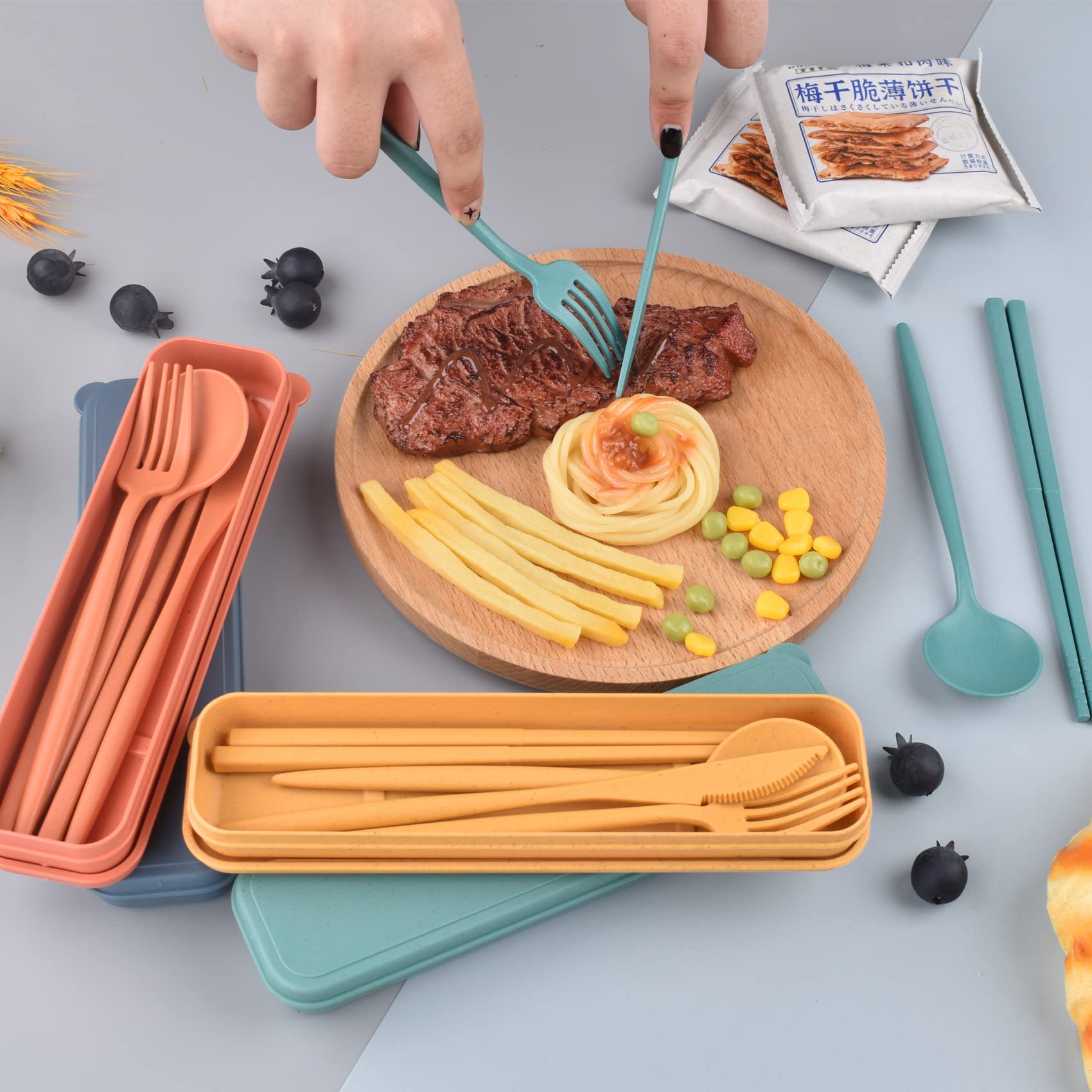 Travel Utensils with Case, Reusable Utensils Set with Case, Lunch Box Utensils Set Portable Utensils Set for Lunch Box School Picnic Travel Camping or Daily Use (4 Colors)
