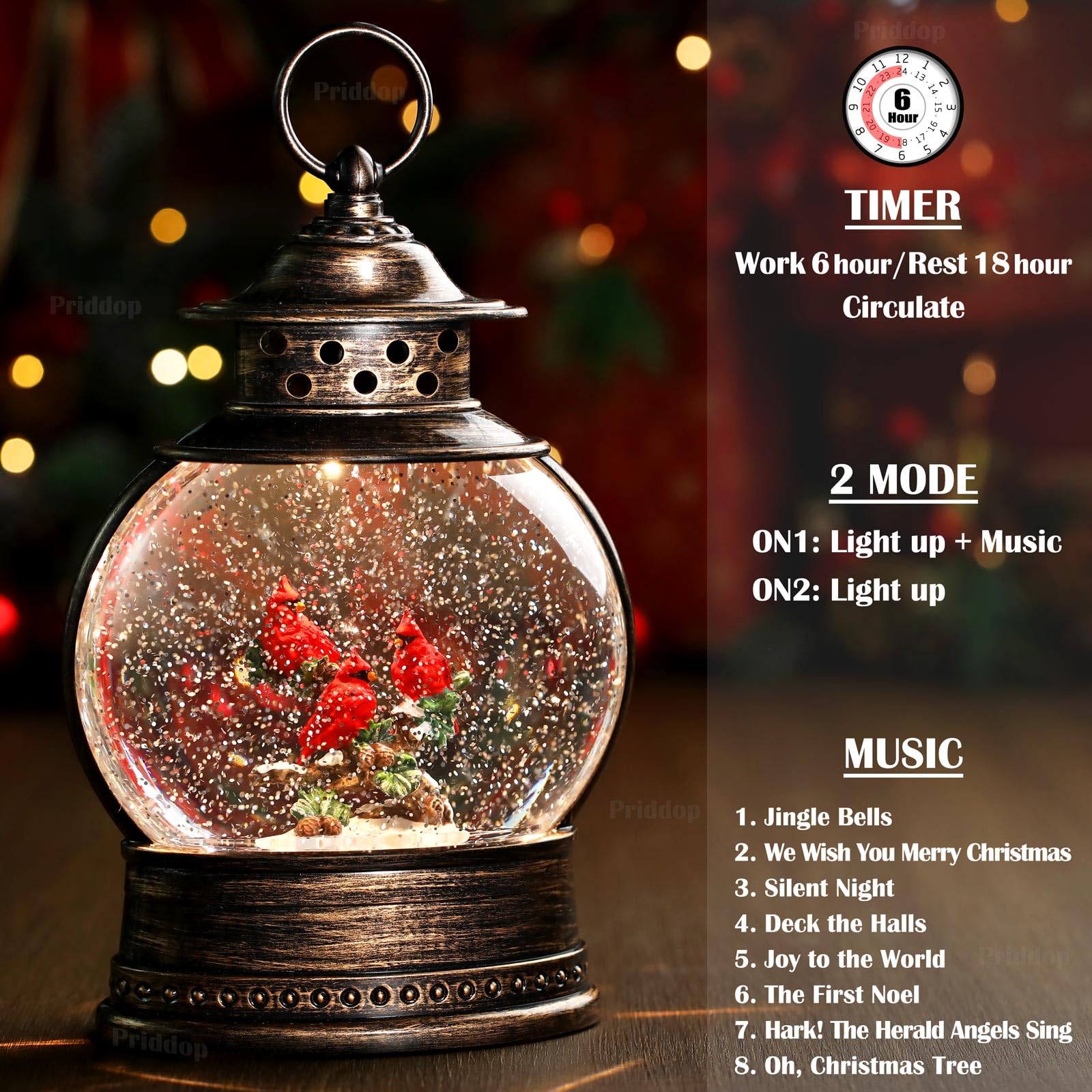 Priddop Cardinal Snow Globe 12 Inch Christmas Snow Globe Lantern with Timer & Music, USB & Battery Powered Christmas Decorations Indoor Cardinal Decor (2023 Upgraded Larger)