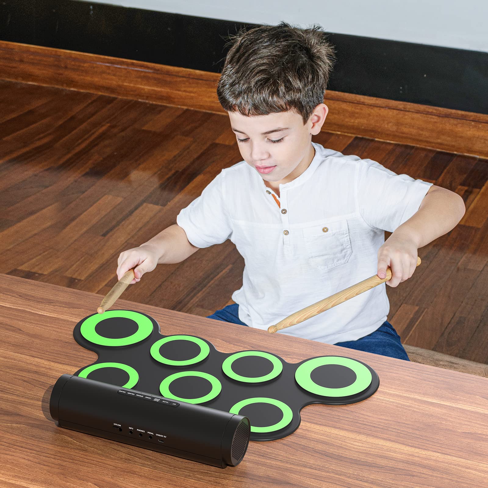 PAXCESS Electronic Drum Set, Roll Up Drum Practice Pad Midi Drum Kit with Headphone Jack Built-in Speaker Drum Pedals Drum Sticks 10 Hours Playtime, Great Holiday Birthday Gift for Kids (Renewed)