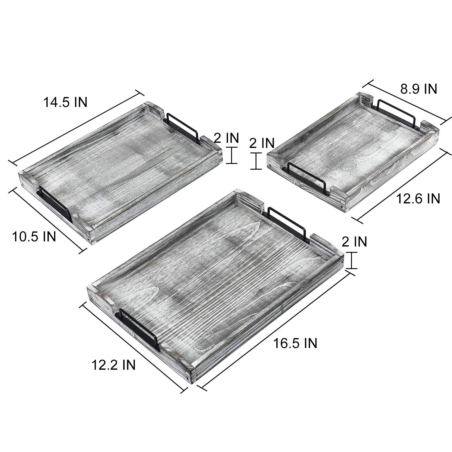 VERGOODR Country Rustic Torched Wood Nesting Breakfast Serving Trays with Handles, Set of 3 (White Grayish)
