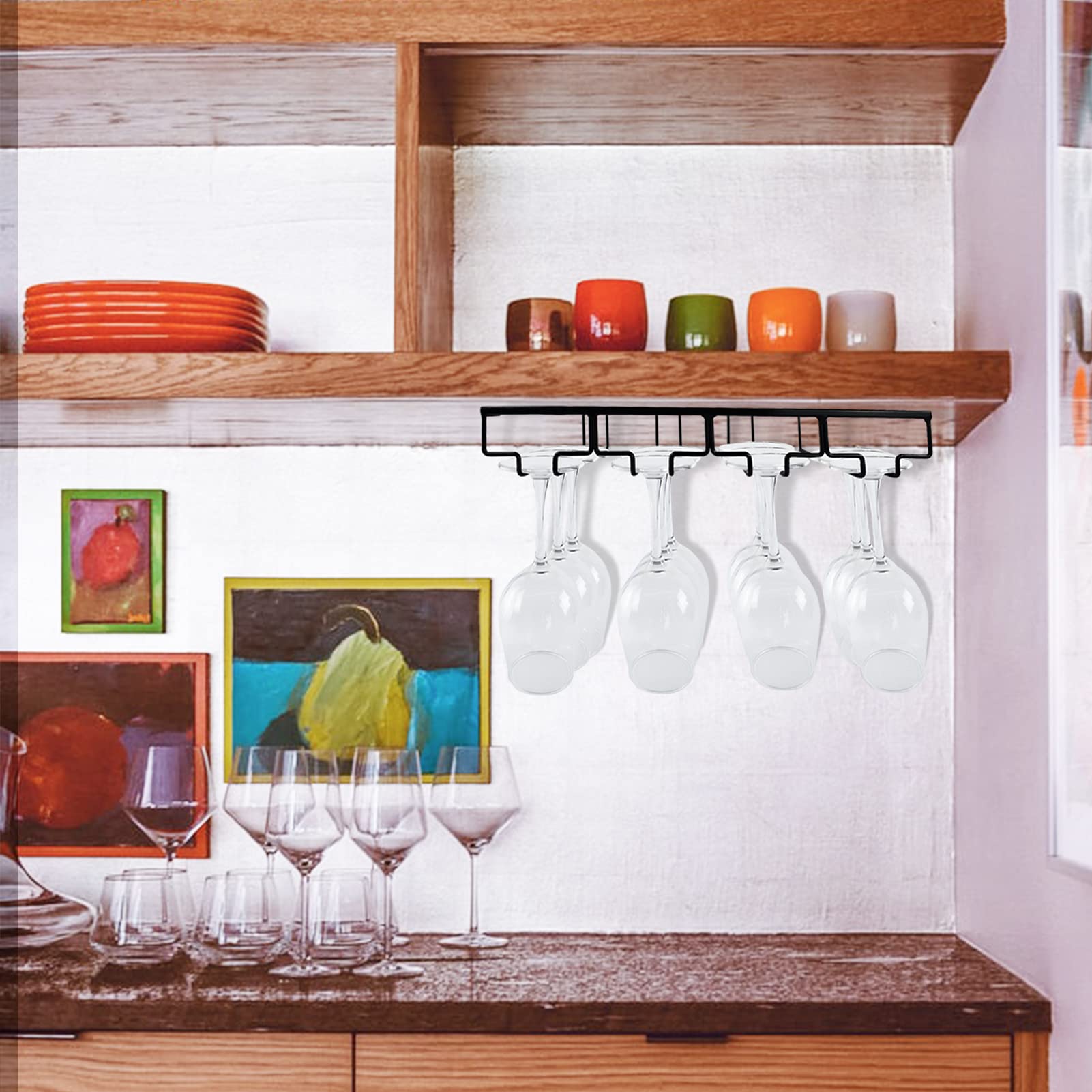 Wtiujhg Wine Glass Rack, 2 Pack Under Cabinet Stemware Rack Wine Glass Holder, 4 Rows Black Metal Wine Glass Storage Hanger Under Shelf for Cabinet Kitchen Bar