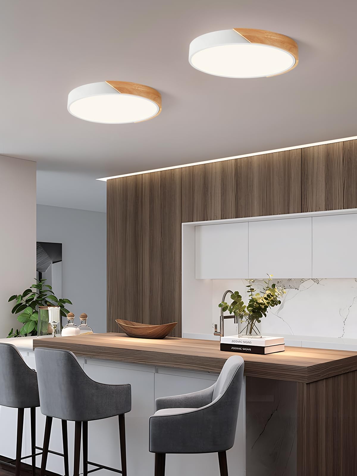 Peblto Modern Dimmable White LED Ceiling Light, 2700K-6000K 5CCT Wood Flush Mount Ceiling Lighting Fixtures, Minimalist Round Ceiling Lamp for Living Room Bedroom Kitchen Hallway
