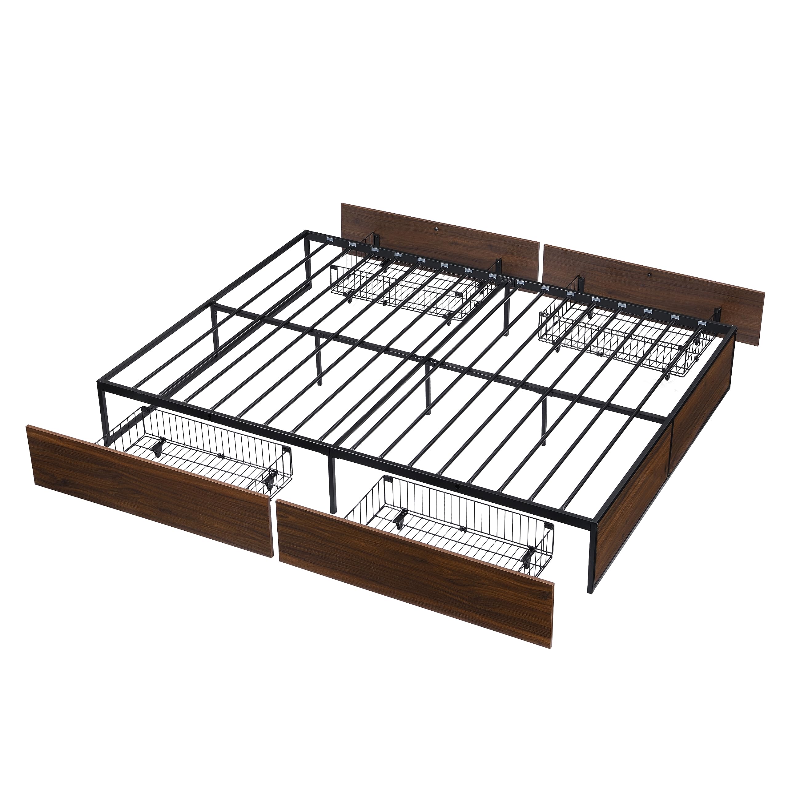 Prohon Queen Size Bed Frame with 4 Extra Large Storage Drawers on Wheels, Strong Steel Slat Support, Space-Saving Metal Platform Bed, Bedframe for Adults, Teens & Kids, No Box Spring Needed, Brown