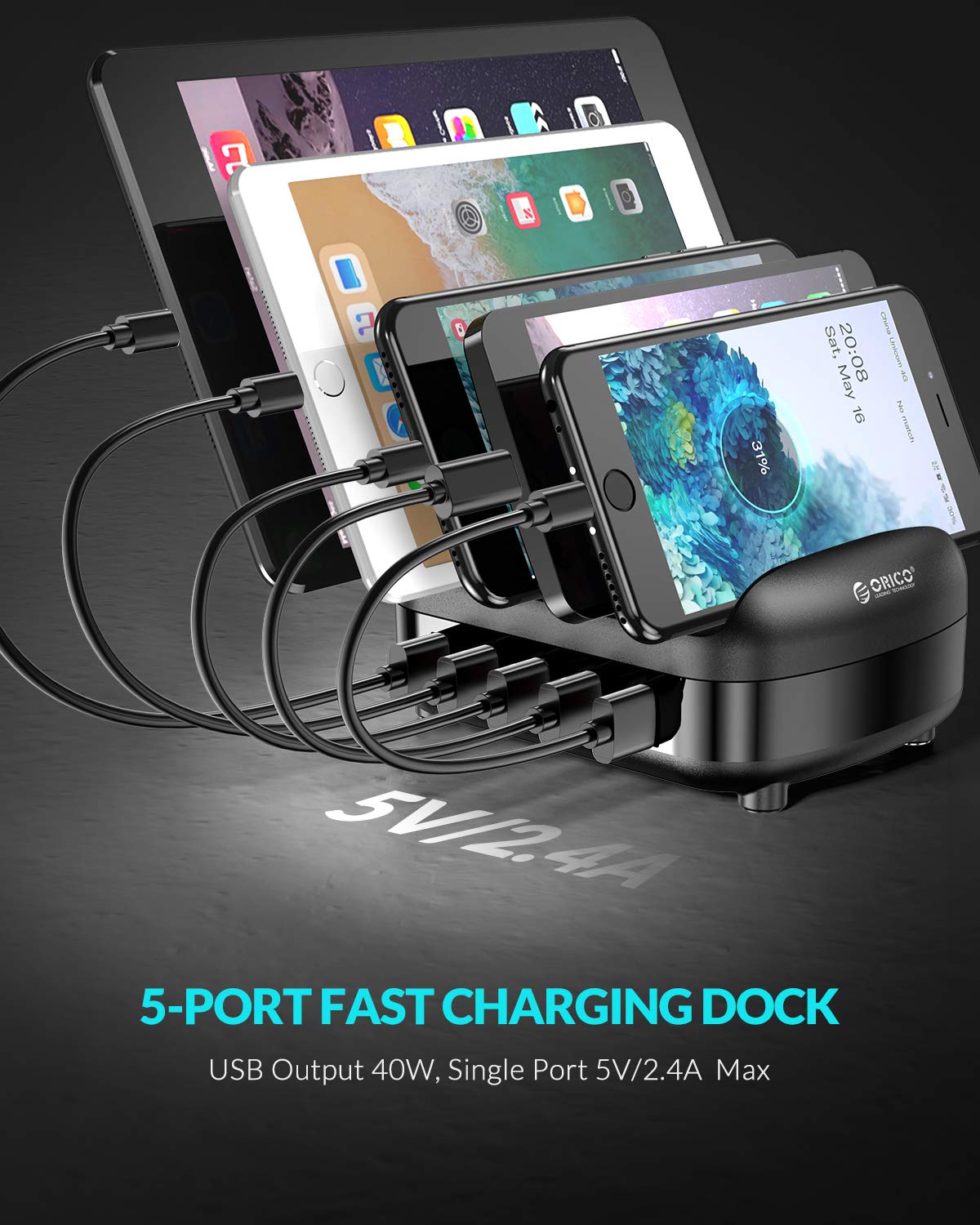 ORICO USB Charging Station 5-Port Fast Charging Dock for Multiple Devices, Smart Charger Organizer with 5 Short Charger Cables Compatible for Apple iPad iPhone Android (5 Charging Cables Included)
