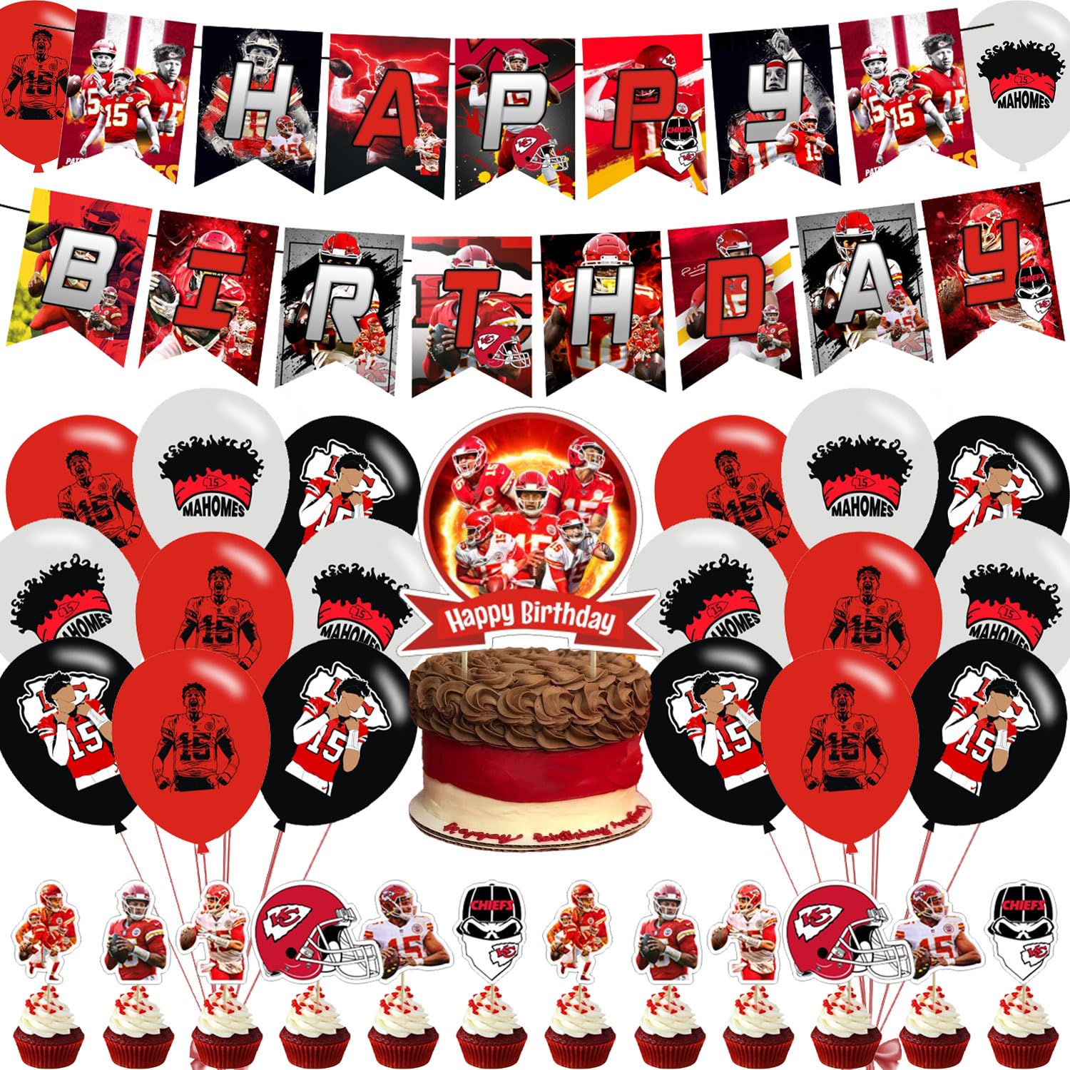 Patrick Mahomes Party Decorations,Football Birthday Party Supplies Includes Banner - Cake Topper - 12 Cupcake Toppers - 18 Balloons