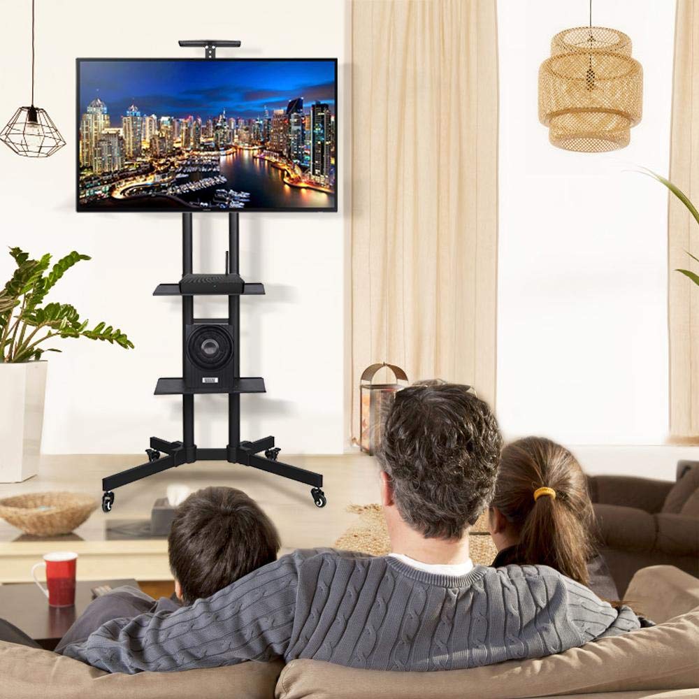 Yaheetech Adjustable Mobile TV Stand Rolling TV Cart Mount Universal fits 32 to 75 inch for LCD LED Plasma Flat Panel Screen with Locking Wheels and Storage Shelves